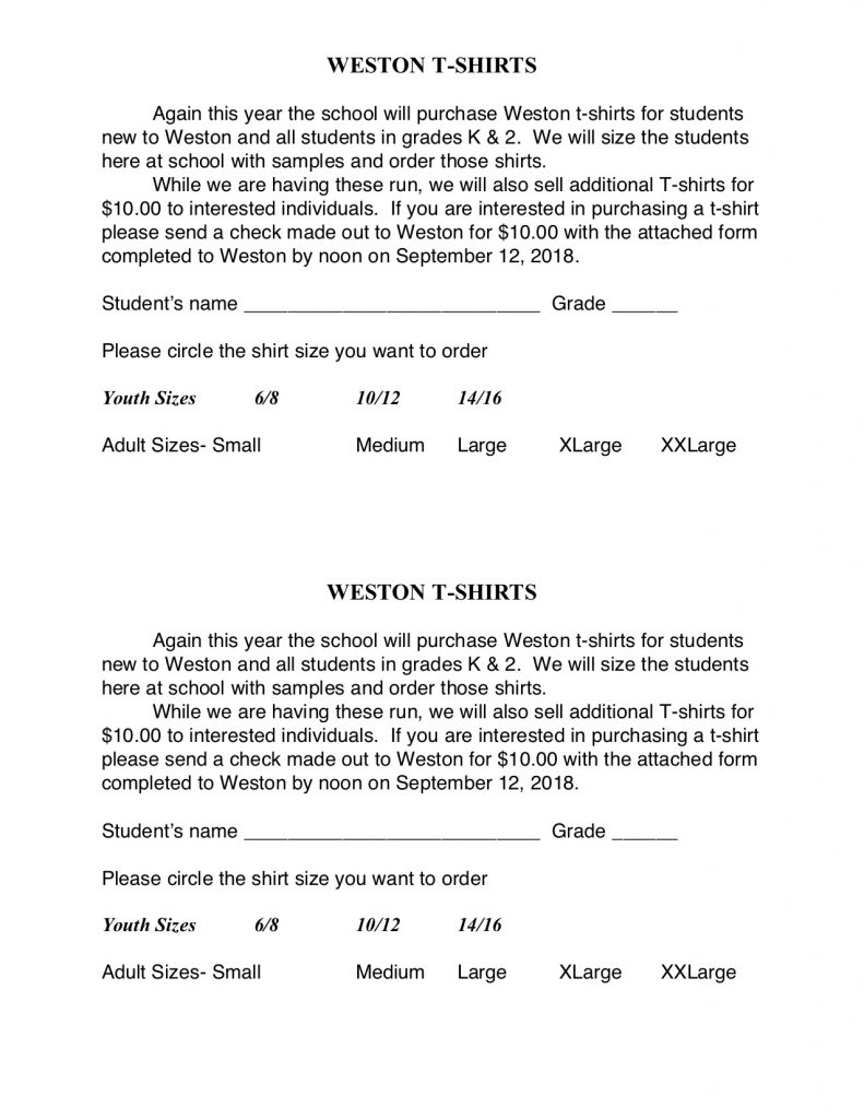 Weston T-Shirt Sale – Due Sept. 12th – Weston Elementary School