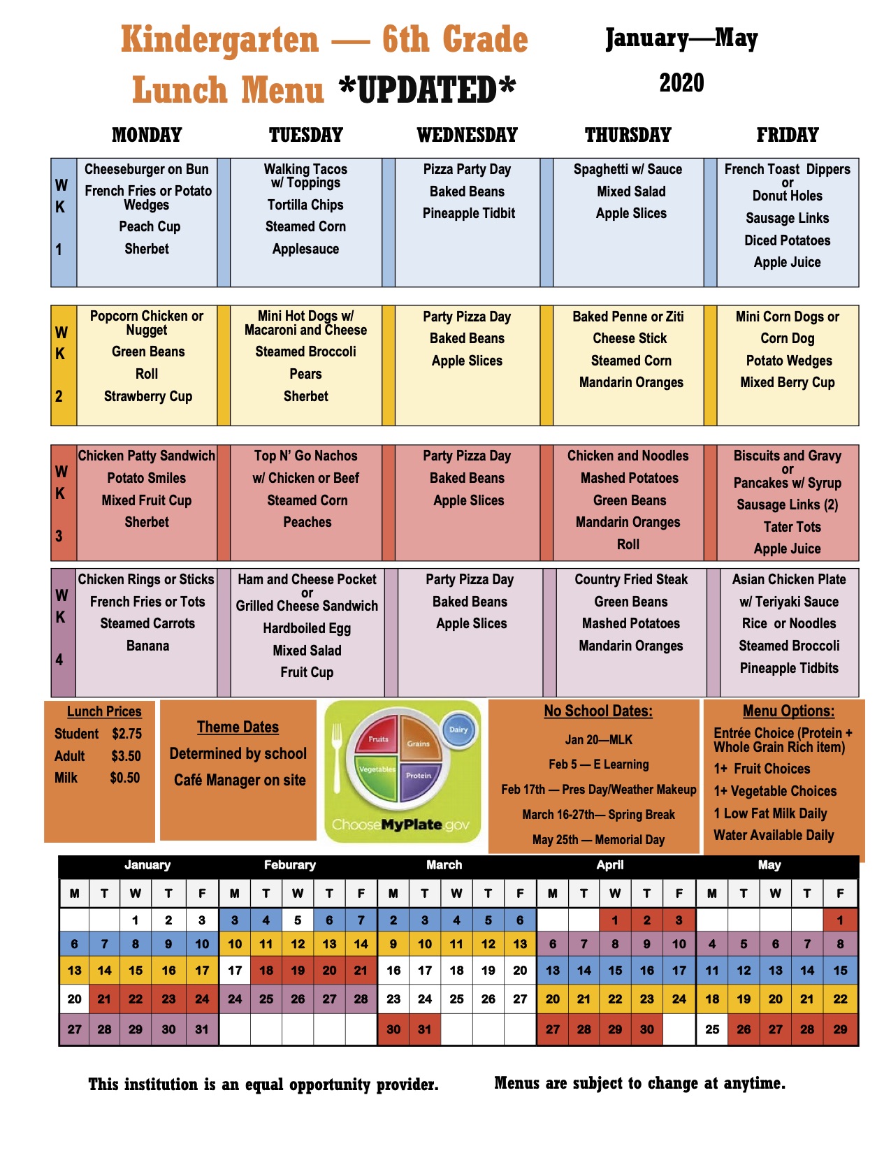 Lunch Menu UPDATED = Jan.-May 2020 – Weston Elementary School
